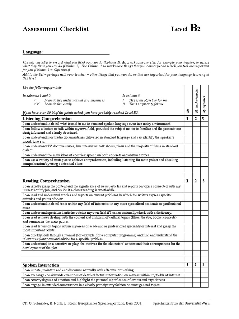 B2 Language Assessment Checklist | PDF | Reading Comprehension ...