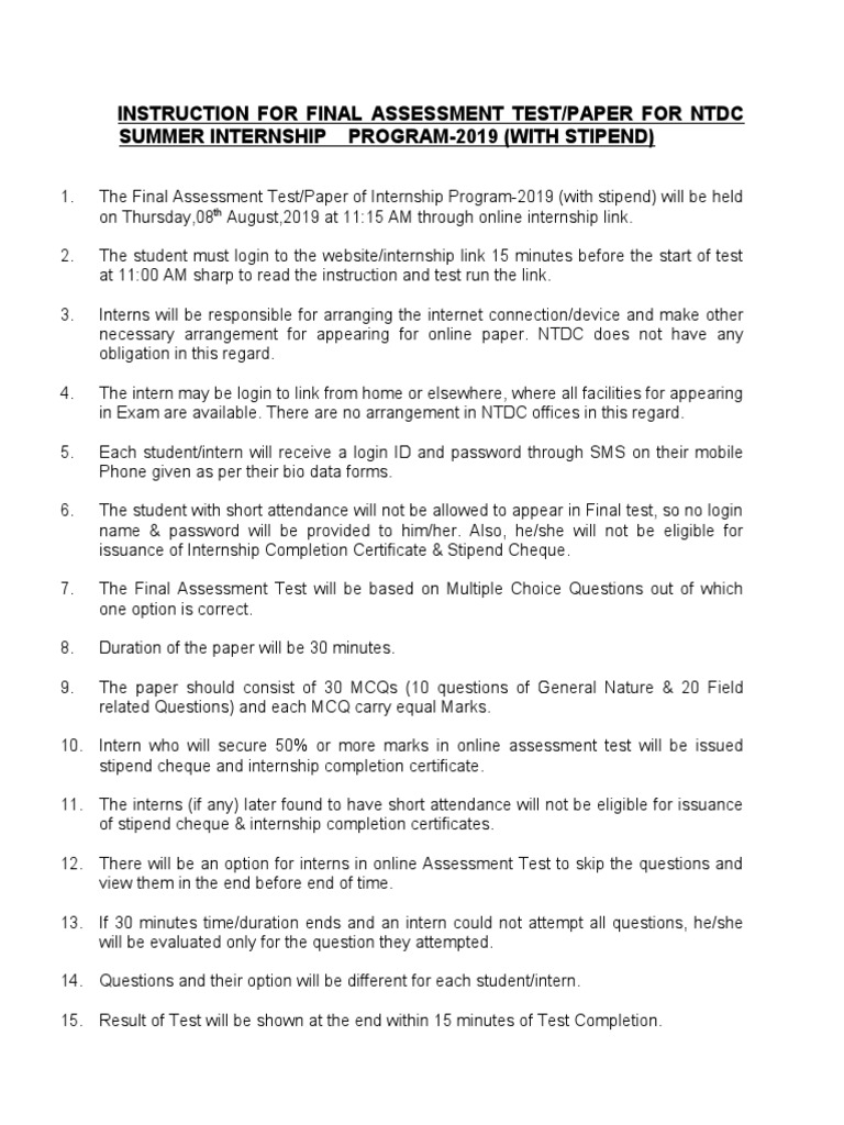 Instruction For Final Assessment Test | PDF