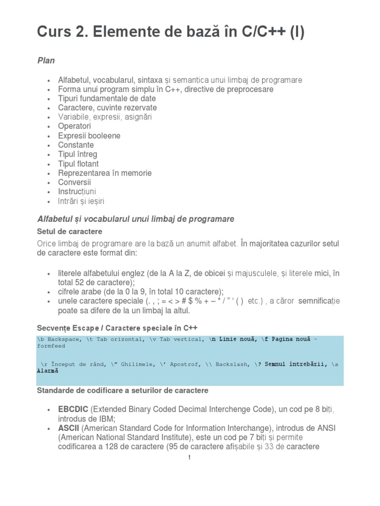 Curs 2. Elemente de Bază În C - C++ (I) | PDF