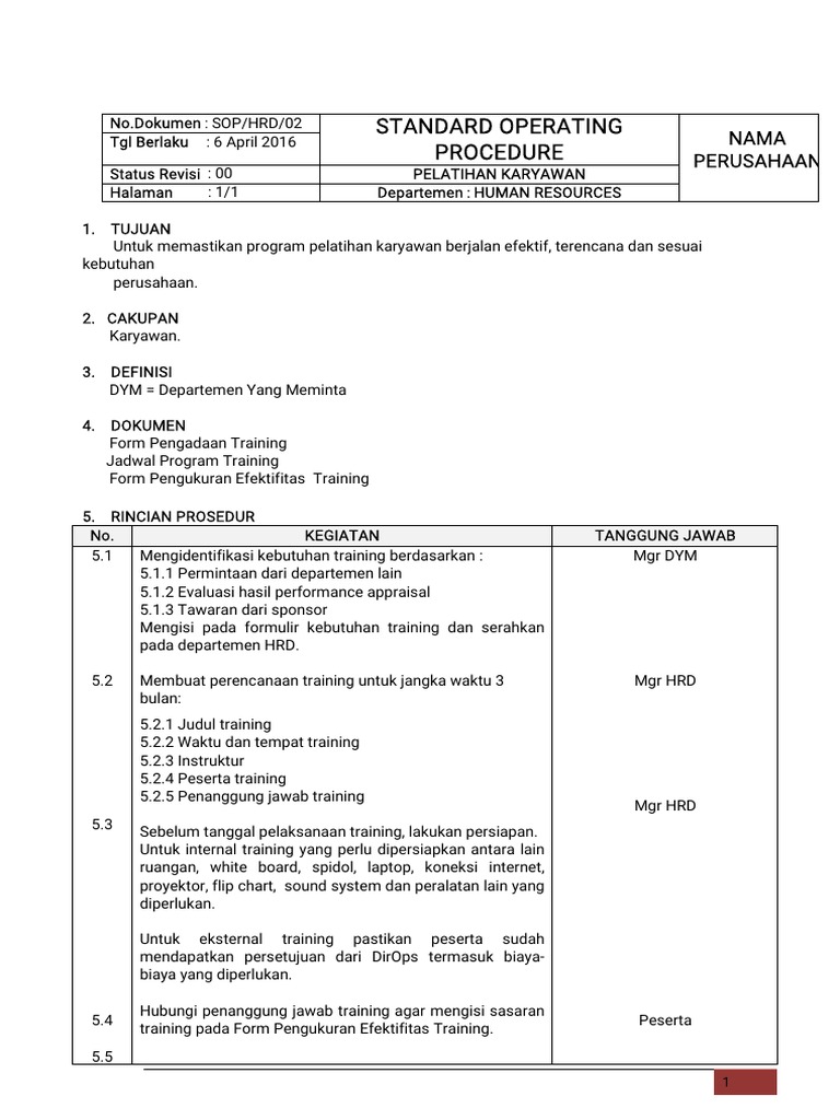 SOP Pelatihan Karyawan | PDF