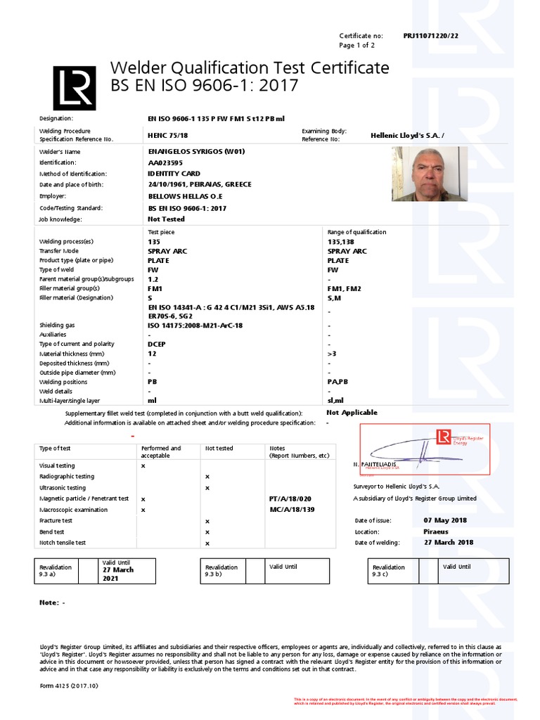 Welder Qualification Test Certificate BS EN ISO 9606-1: 2017 | PDF ...