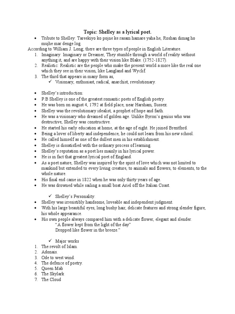 Shelley as a Lyrical Poet: Analyzing the Varied Themes, Techniques, and ...