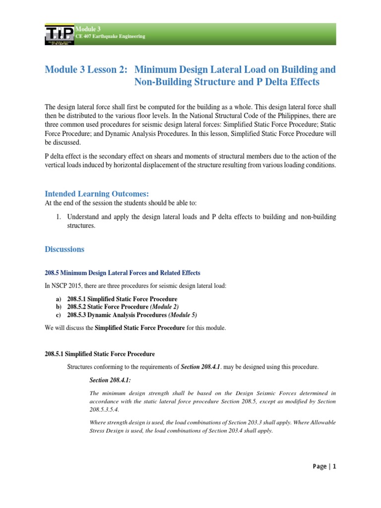 Module 3 Lesson 2: Minimum Design Lateral Load On Building and Non ...
