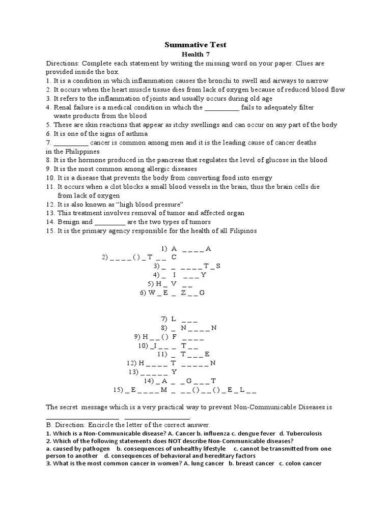 Summative Test: Health 7 | PDF | Cancer | Edema