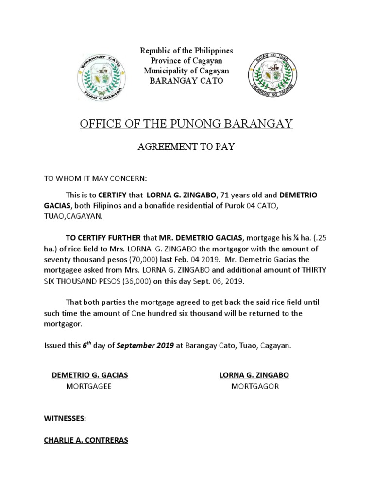 Office of The Punong Barangay: Agreement To Pay | PDF | Contract Law ...