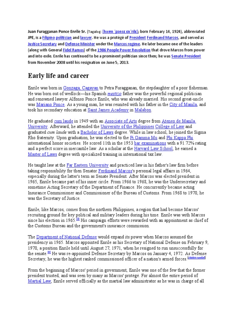 Biography of Juan Ponce Enrile | PDF | Juan Ponce Enrile | Philippines