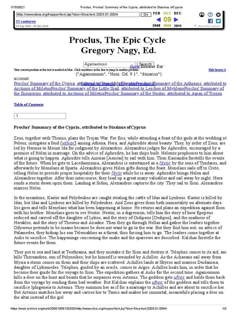 Proclus, Proclus' Summary of The Cypria, Attributed To Stasinus ...