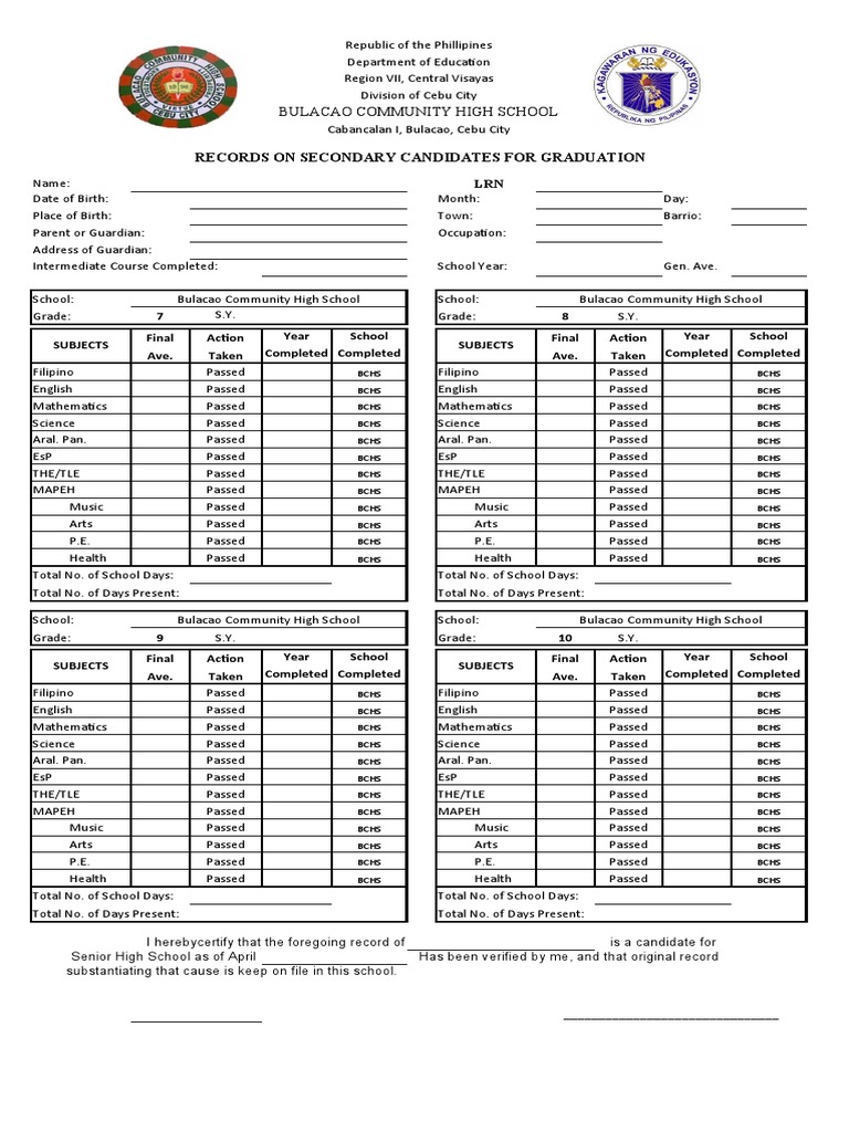 Records On Secondary Candidates For Graduation: Bulacao Community High ...