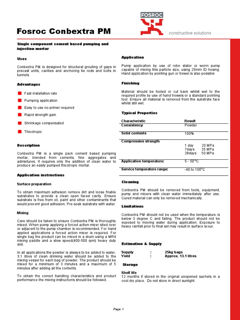 Fosroc Conbextra PM: Constructive Solutions | PDF | Water | Concrete