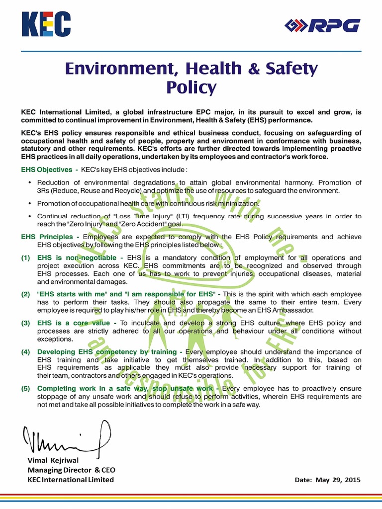 Environment, Health & Safety Policy | PDF