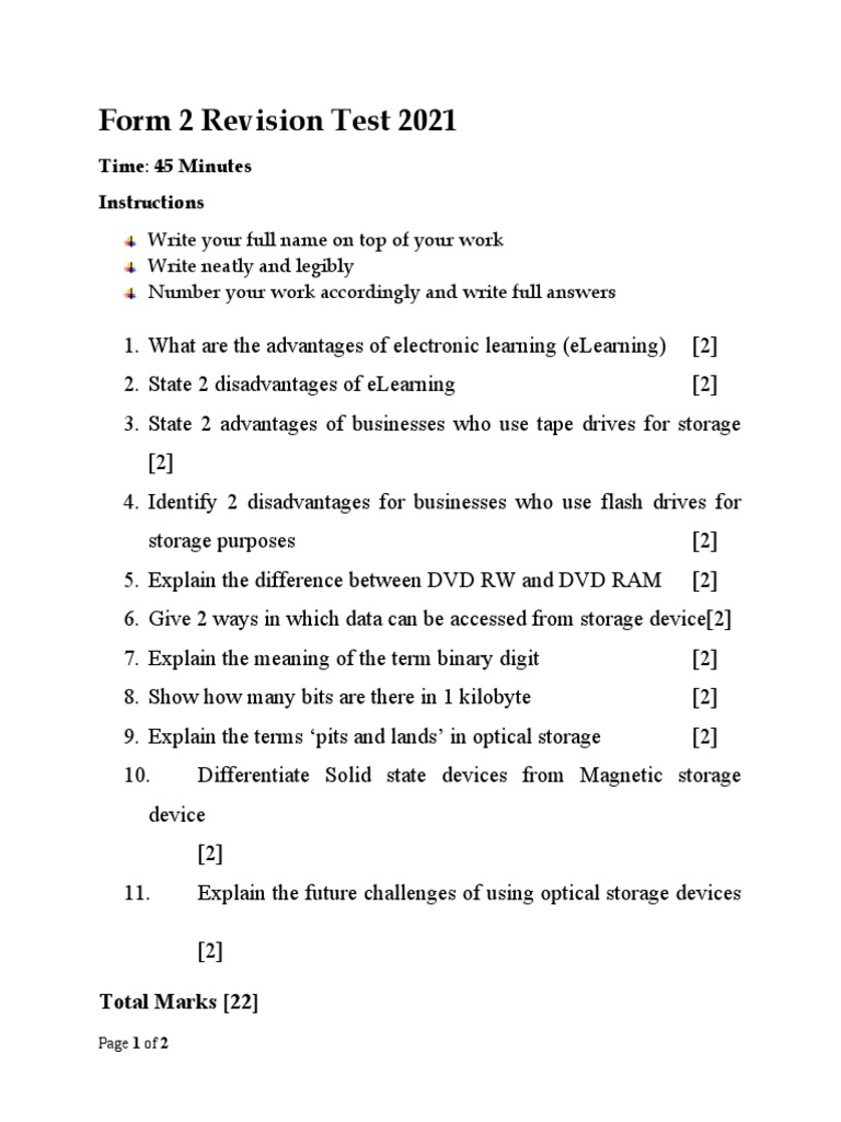 Form 2 Revision Test 2 2021 | PDF