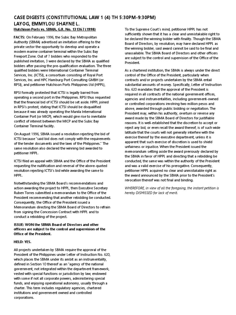 Case Digests (Constitutional Law 1 (4) TH 5:30Pm-9:30Pm) Layog, Emmylou ...