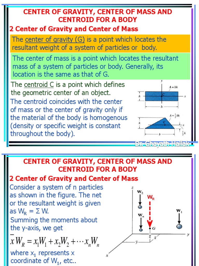 Center of Gravity, Center of Mass and Centroid For A Body | PDF | Center Of Mass | Area