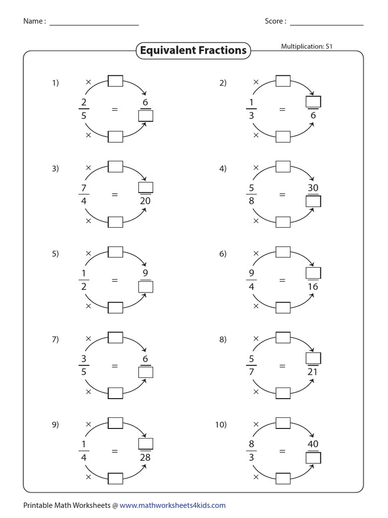 Equivalent Fractions: Score: Name | PDF | Arithmetic | Teaching Mathematics