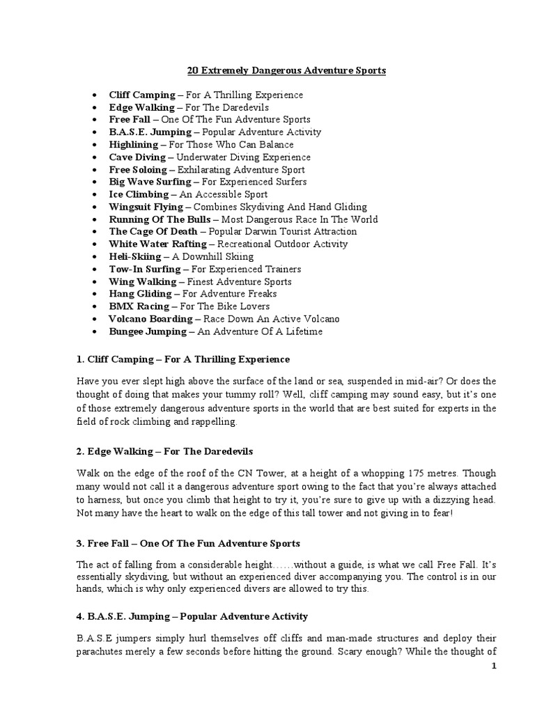 20 Extremely Dangerous Adventure Sports | PDF | Outdoor Recreation ...