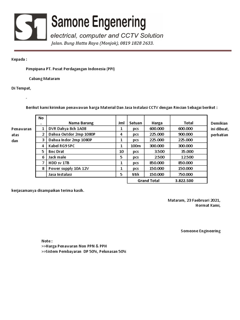 Contoh Penawaran Pemasangan CCTV | PDF