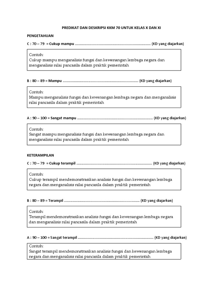 Predikat Dan Deskripsi KKM 70 Untuk Kelas X Dan Xi | PDF