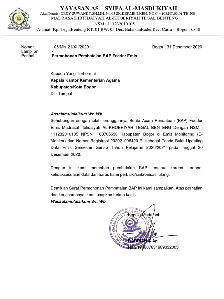 Contoh Permohonan Pembatalan BAP EMIS | PDF