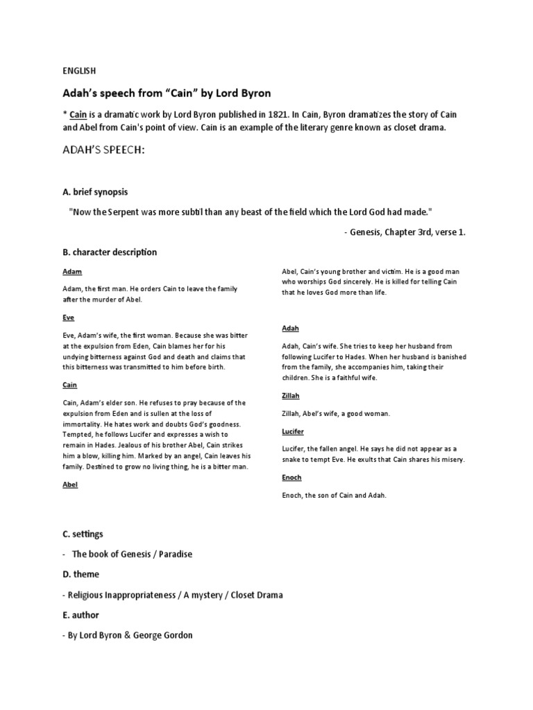 Adah's Speech From "Cain" by Lord Byron | PDF | Characters In Romeo And ...