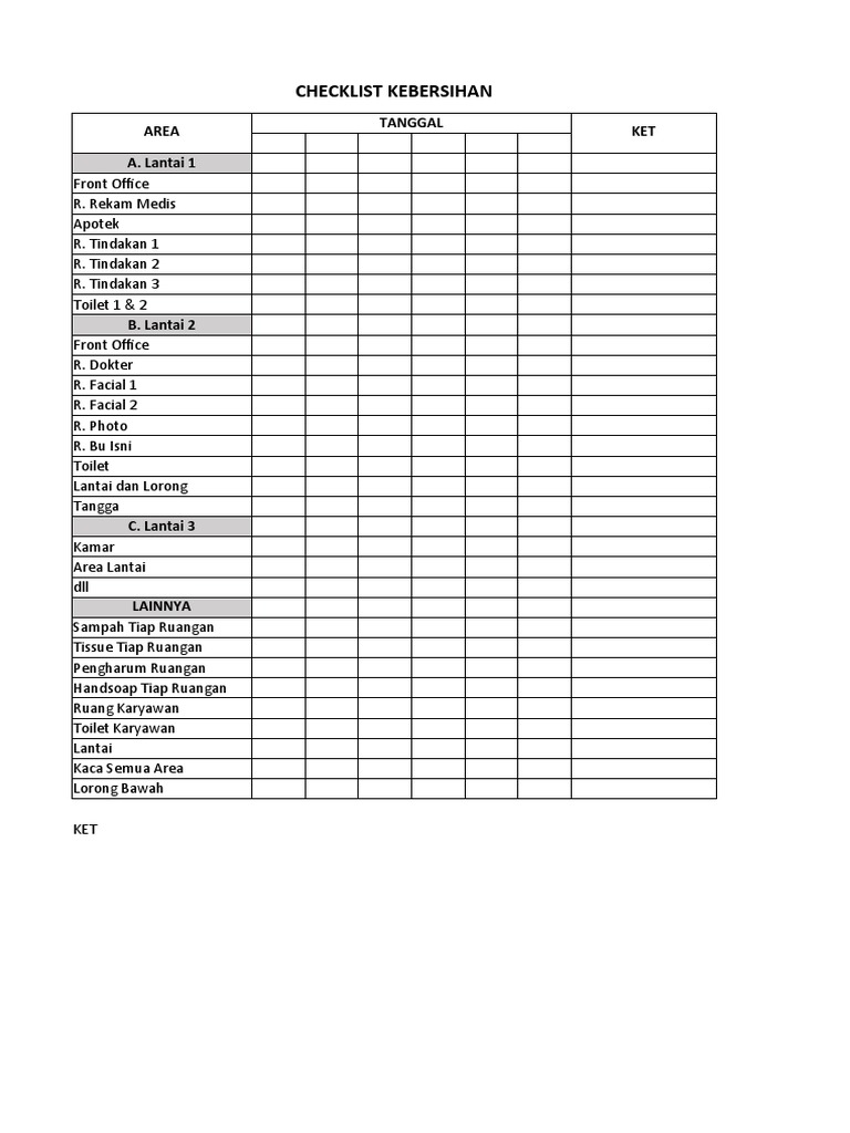Checklist Kebersihan Ruangan Harian | PDF | Griya & Taman | Kesehatan ...