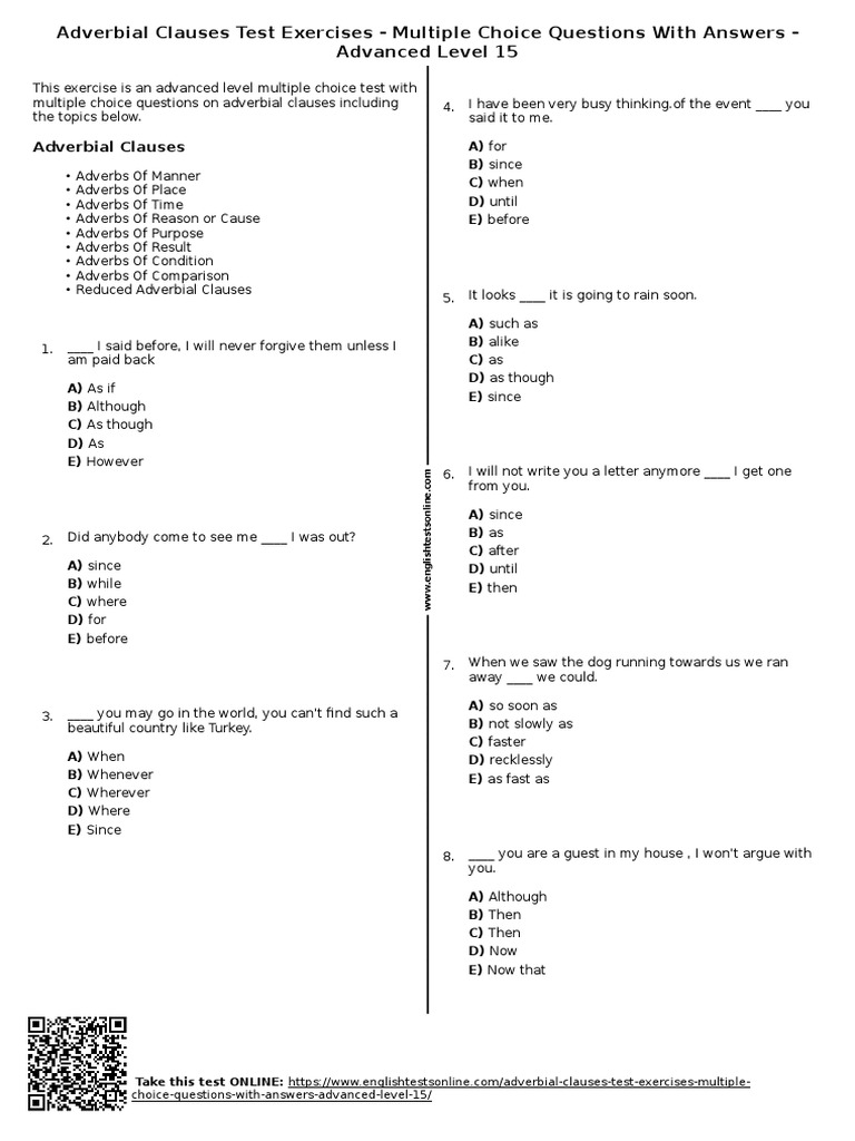 Advanced Adverbial Clauses Test | PDF | Adverb | Multiple Choice