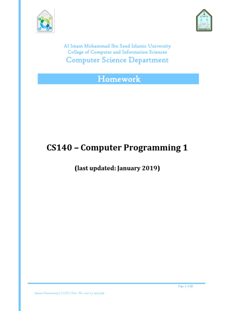 Homework: CS140 - Computer Programming 1 | PDF | String (Computer Science) | Parameter (Computer ...