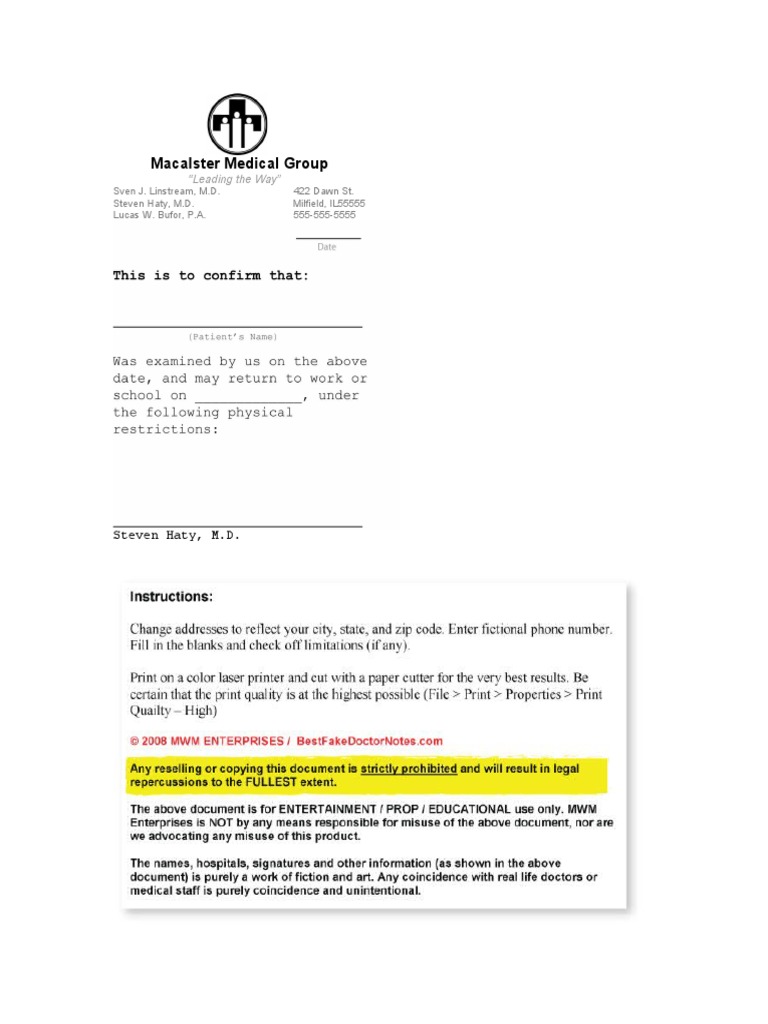 Classic Doctors Note (Unsigned) | PDF