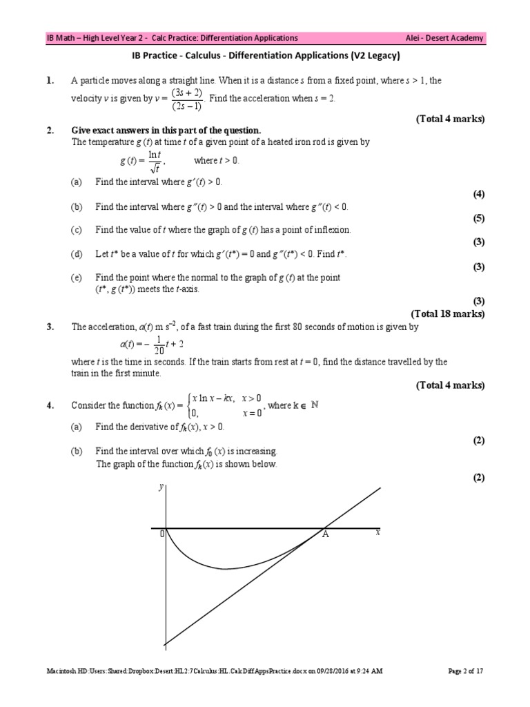 IB Math HL Differentiation Practice | PDF | Speed | Derivative