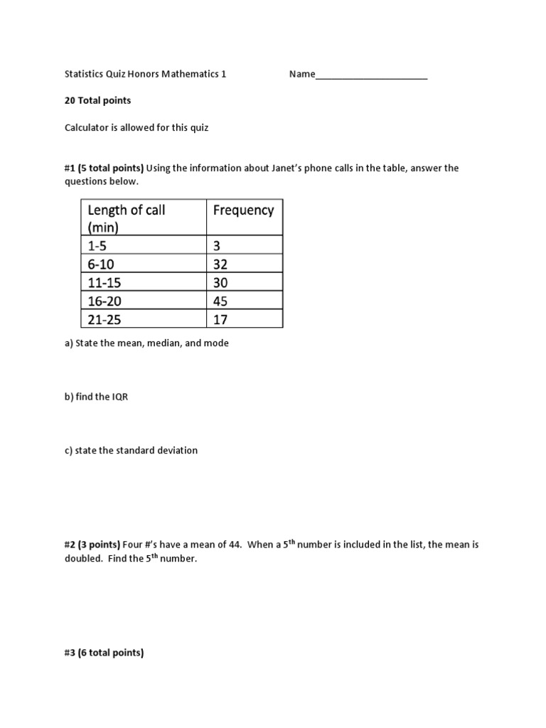 Honors Math Statistics Quiz | PDF | Teaching Methods & Materials