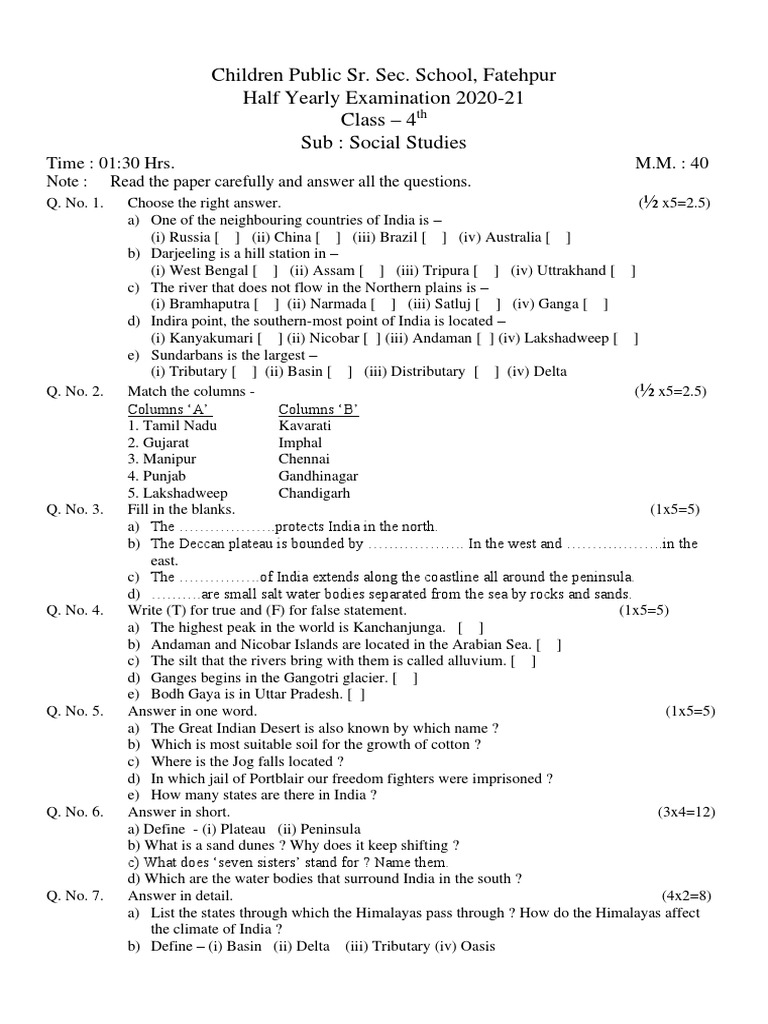 Half Yearly Examination on Social Studies for Class 4 Students Covering ...