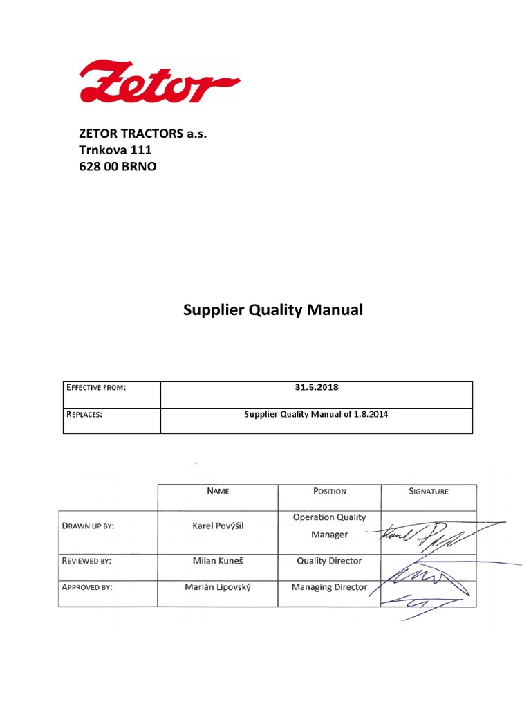 Zetor Tractors Supplier Quality Manual | PDF | Specification (Technical ...