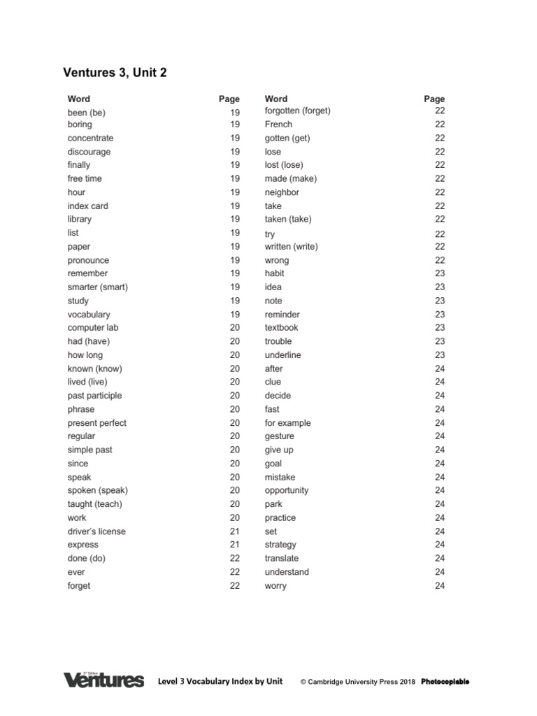 Ventures 3, Unit 2: Level 3 Vocabulary Index by Unit | PDF | Vocabulary ...
