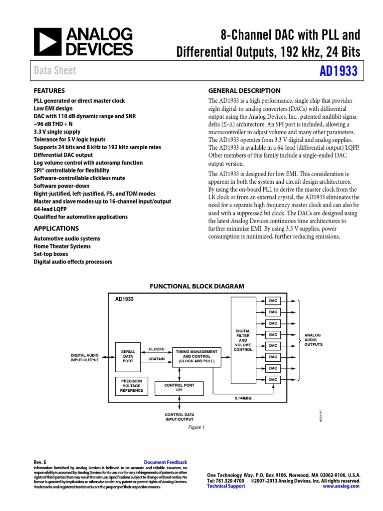 8-Channel Dac With PLL and Differential Outputs, 192 KHZ, 24 Bits | PDF ...