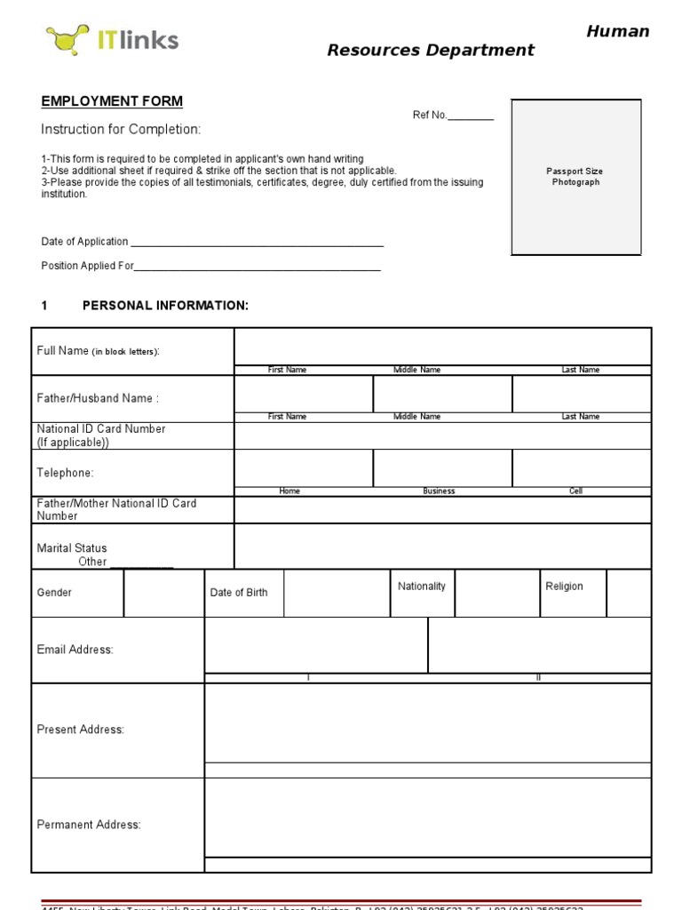 Employment Application Form | Identity Document | Résumé