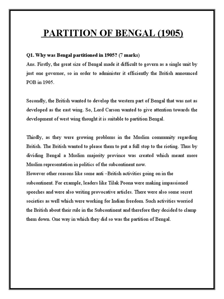 PARTITION OF BENGAL Handout | PDF