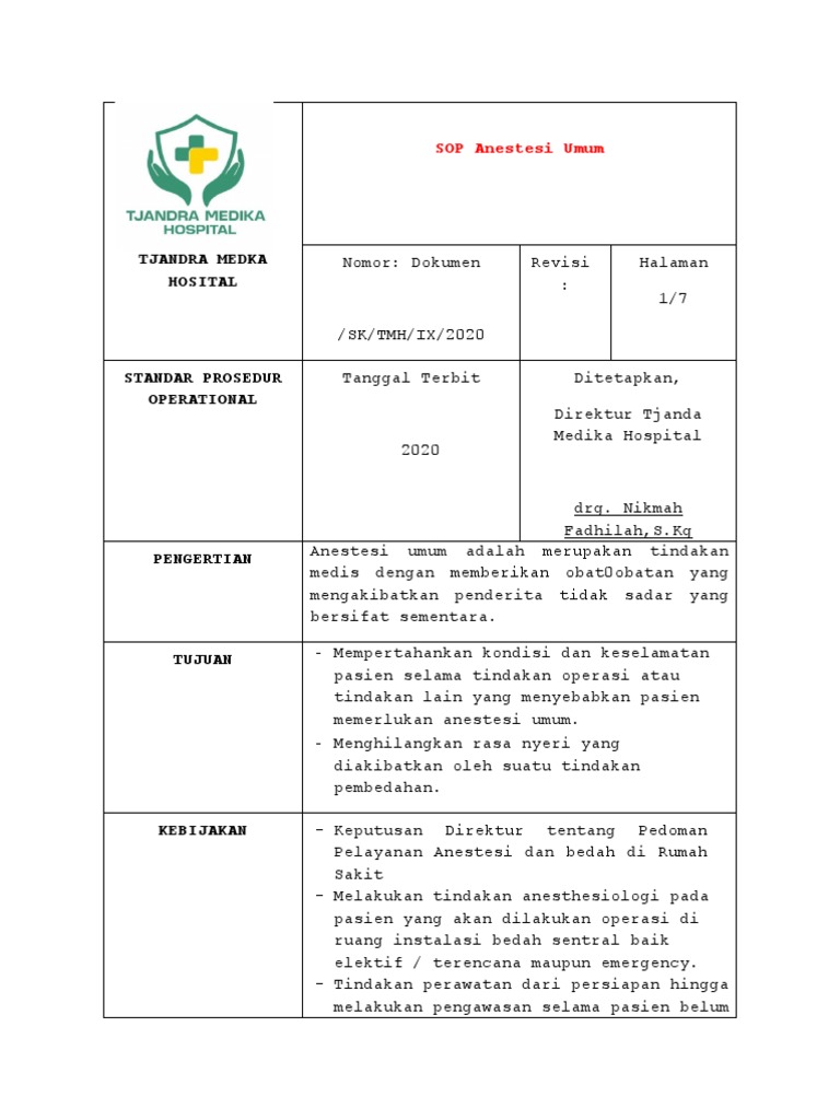 7.sop Anestesi Umum | PDF | Pengembangan Diri | Kesehatan Holistik
