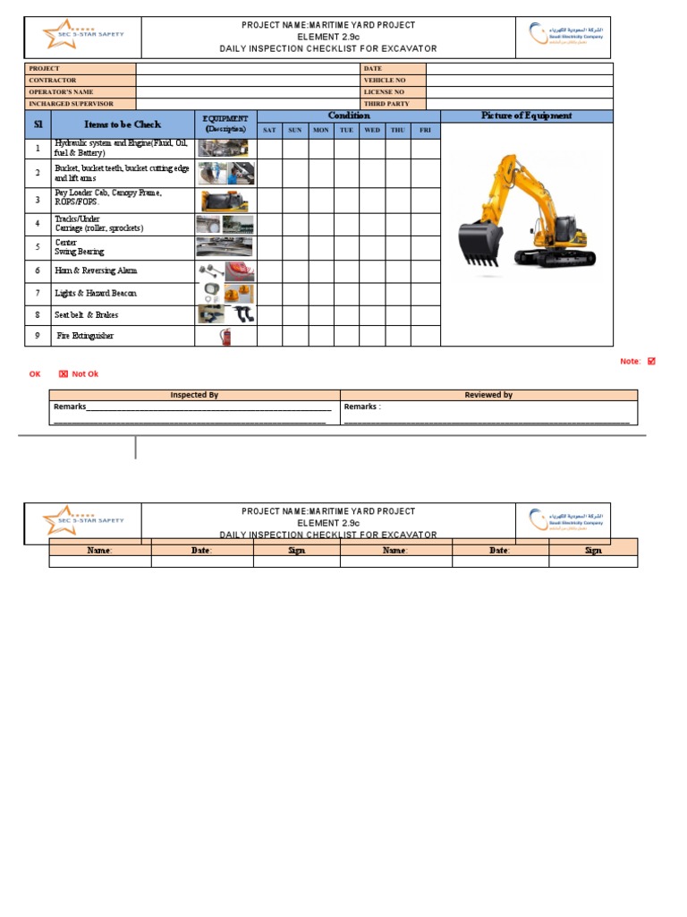 2.9c Plant Equipment - Excavator Checklist | PDF