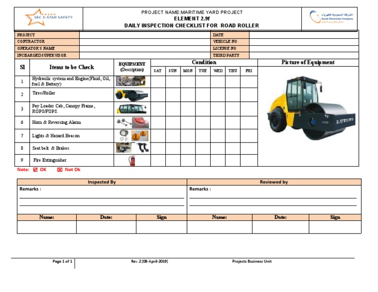 Daily Road Roller Inspection Checklist | PDF