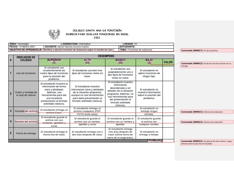 Rubrica Practica Autosuma | PDF | Microsoft Excel | Evaluación Rubrica Practica Autosuma | PDF | Microsoft Excel | Evaluación