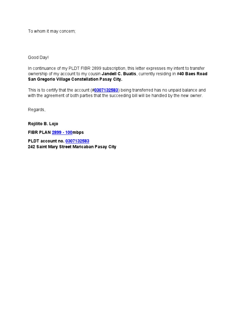PLDT Account Ownership Transfer Request | PDF