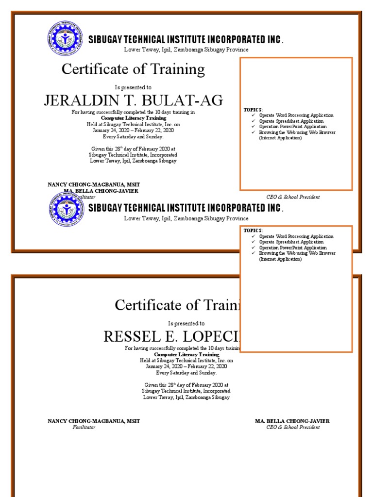 Certificate of Training Jeraldin T. Bulat-Ag: Sibugay Technical ...