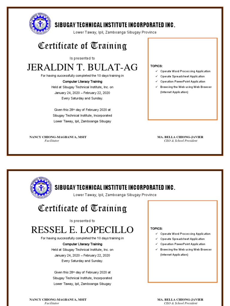 Certificate of Training Jeraldin T. Bulat-Ag: Sibugay Technical ...