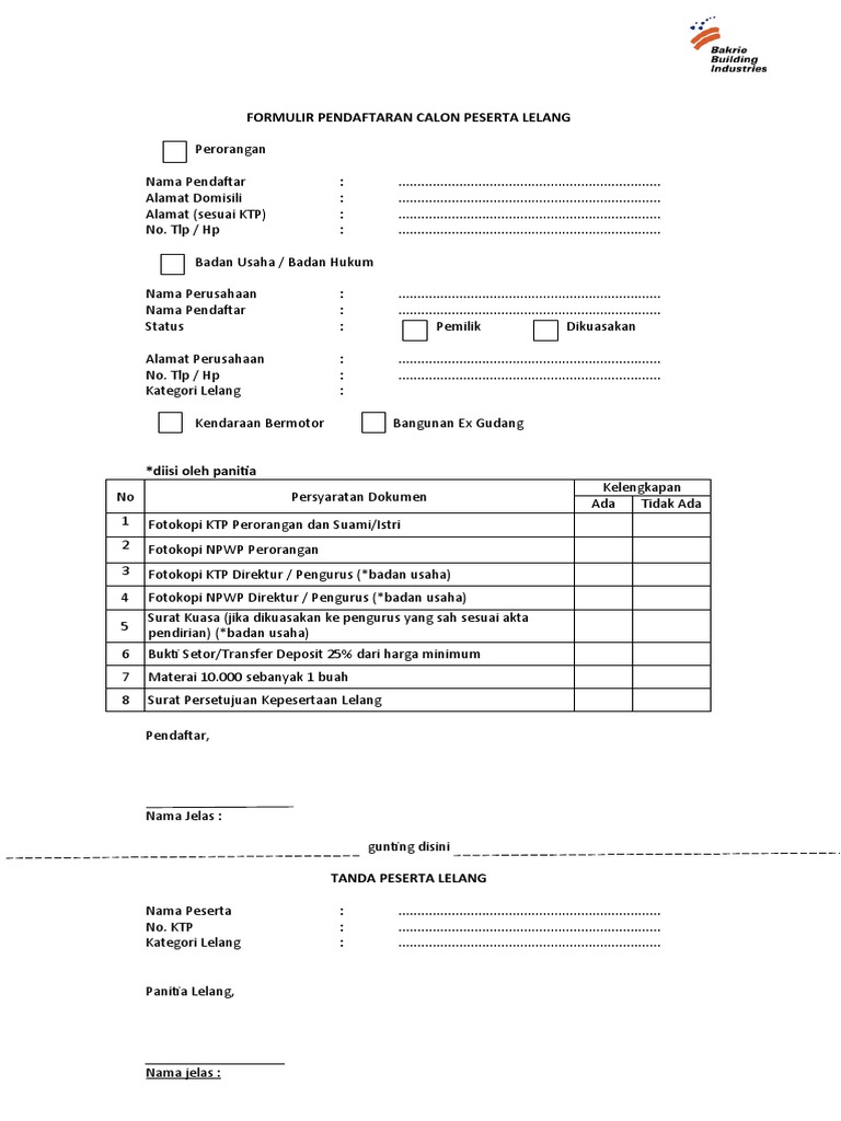 Form Kepesertaan Lelang - L2 | PDF