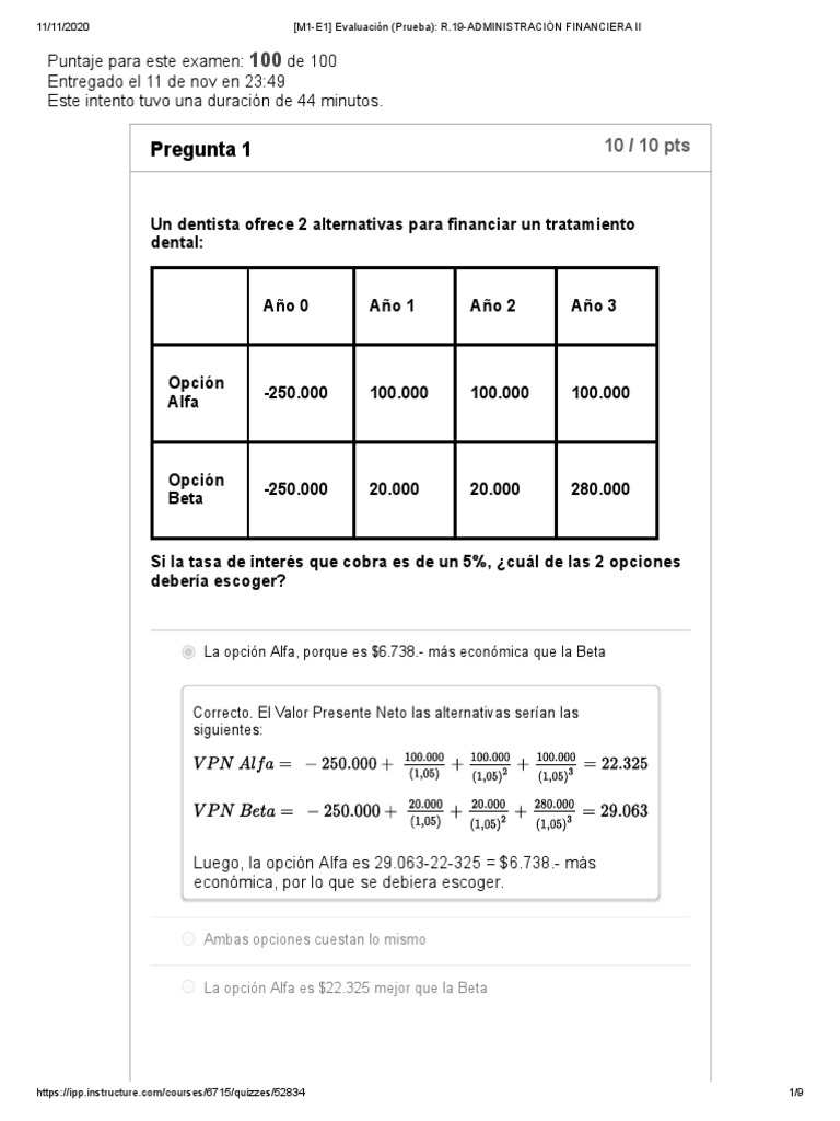 (M1-E1) Evaluacin (Prueba) - R.19-ADMINISTRACIN FINANCIERA II | PDF | Valor presente neto | Tasa ...