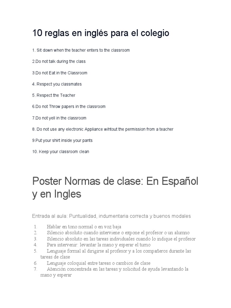 10 Reglas en Ingles para El Colegio | PDF