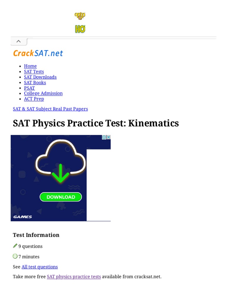 SAT Physics Practice Test - Kinematics | PDF | Sat | Acceleration