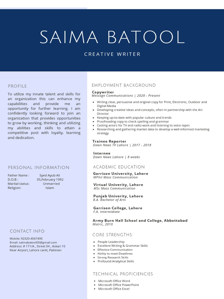 Saima Batool: Creative Writer | PDF | Microsoft Office | Communication