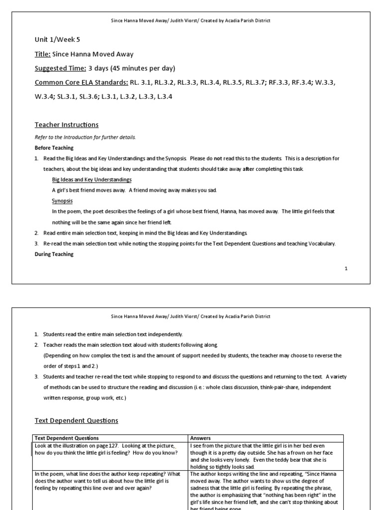 Since Hanna Moved Away. Lesson - Basal | PDF | Poetry | Human Communication