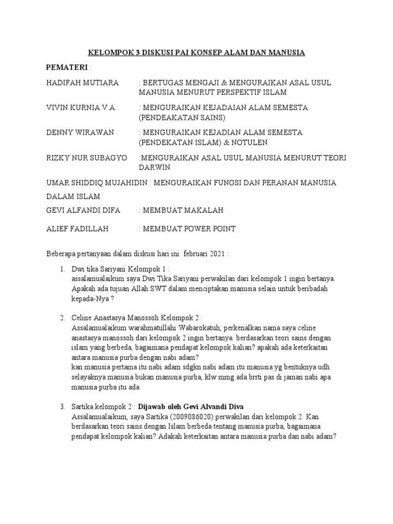 Kelompok 3 Diskusi Pai Konsep Alam Dan Manusia FT Unmul 2020-2021 | PDF