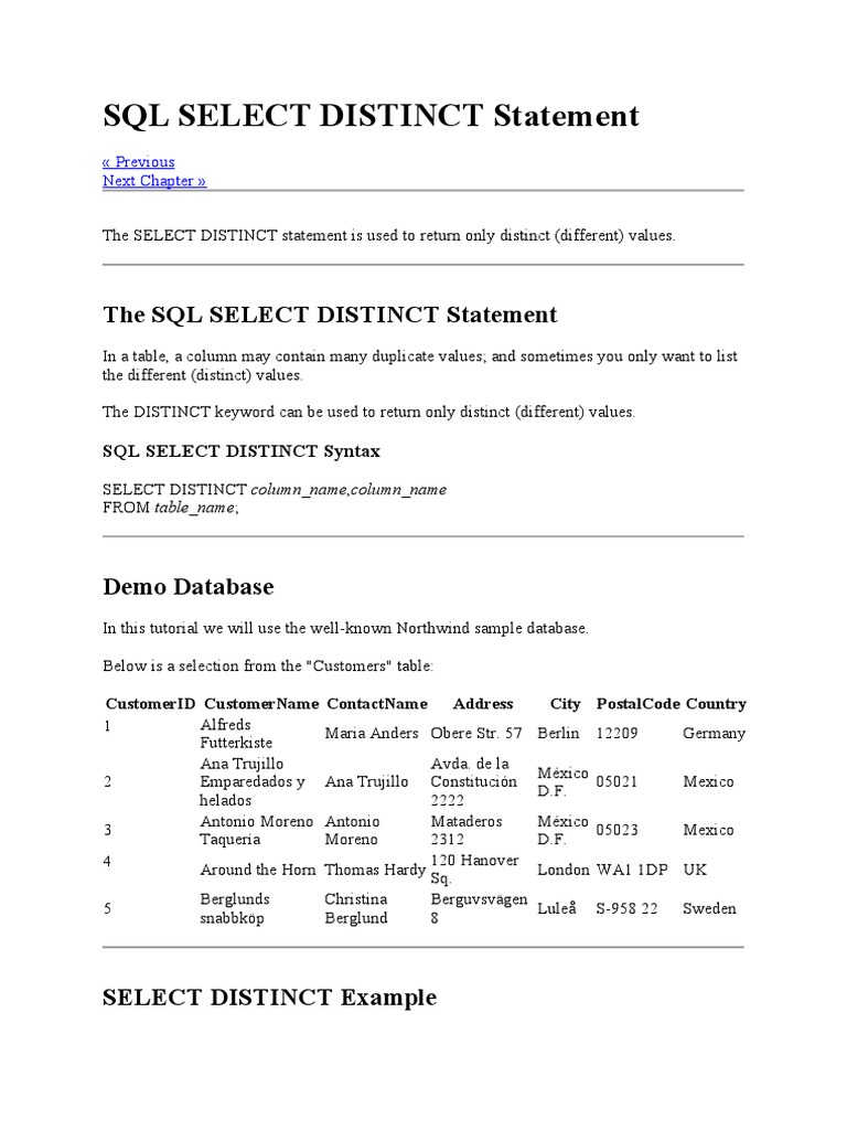 SQL SELECT DISTINCT Statement | PDF